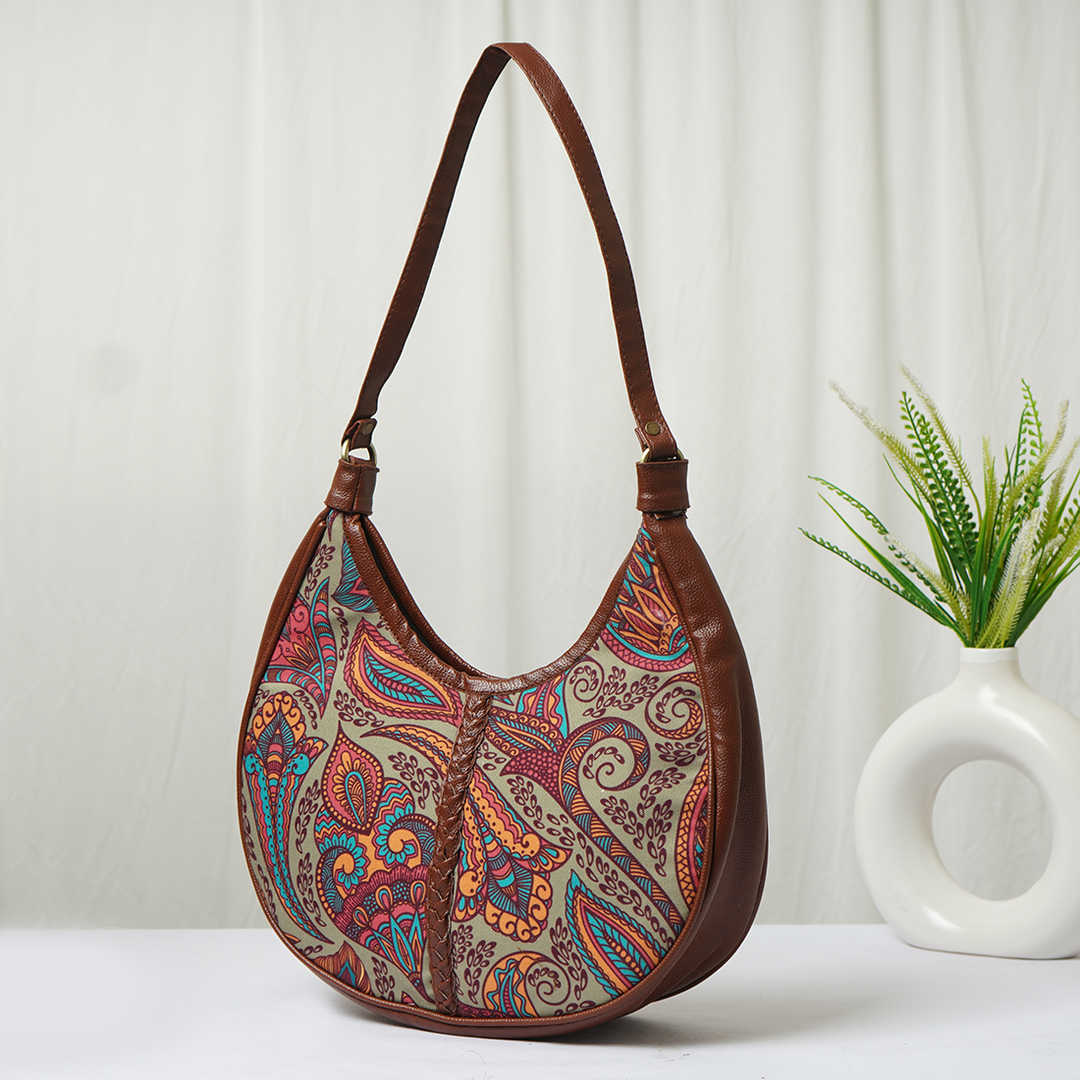 Multicolor Ethnic Motifs Printed Half Moon Hobo Bag