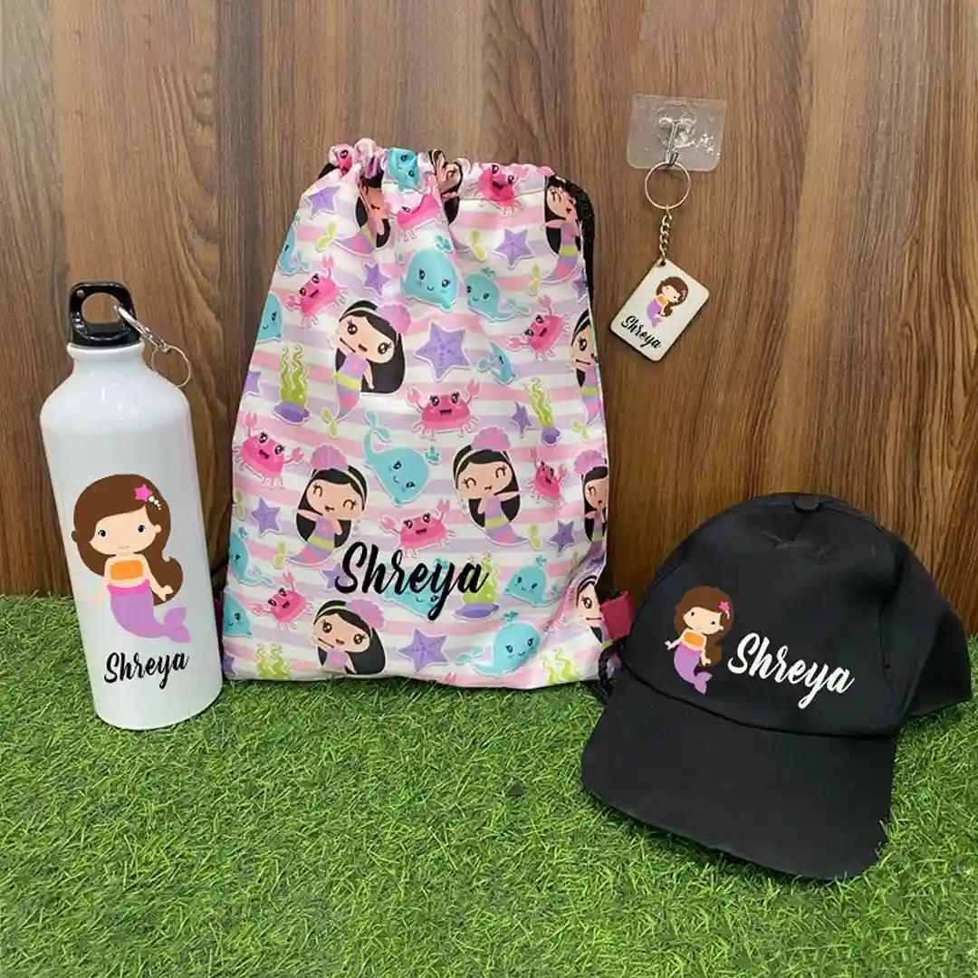 Personalized Drawstring Bag with Cap Combo for Kids