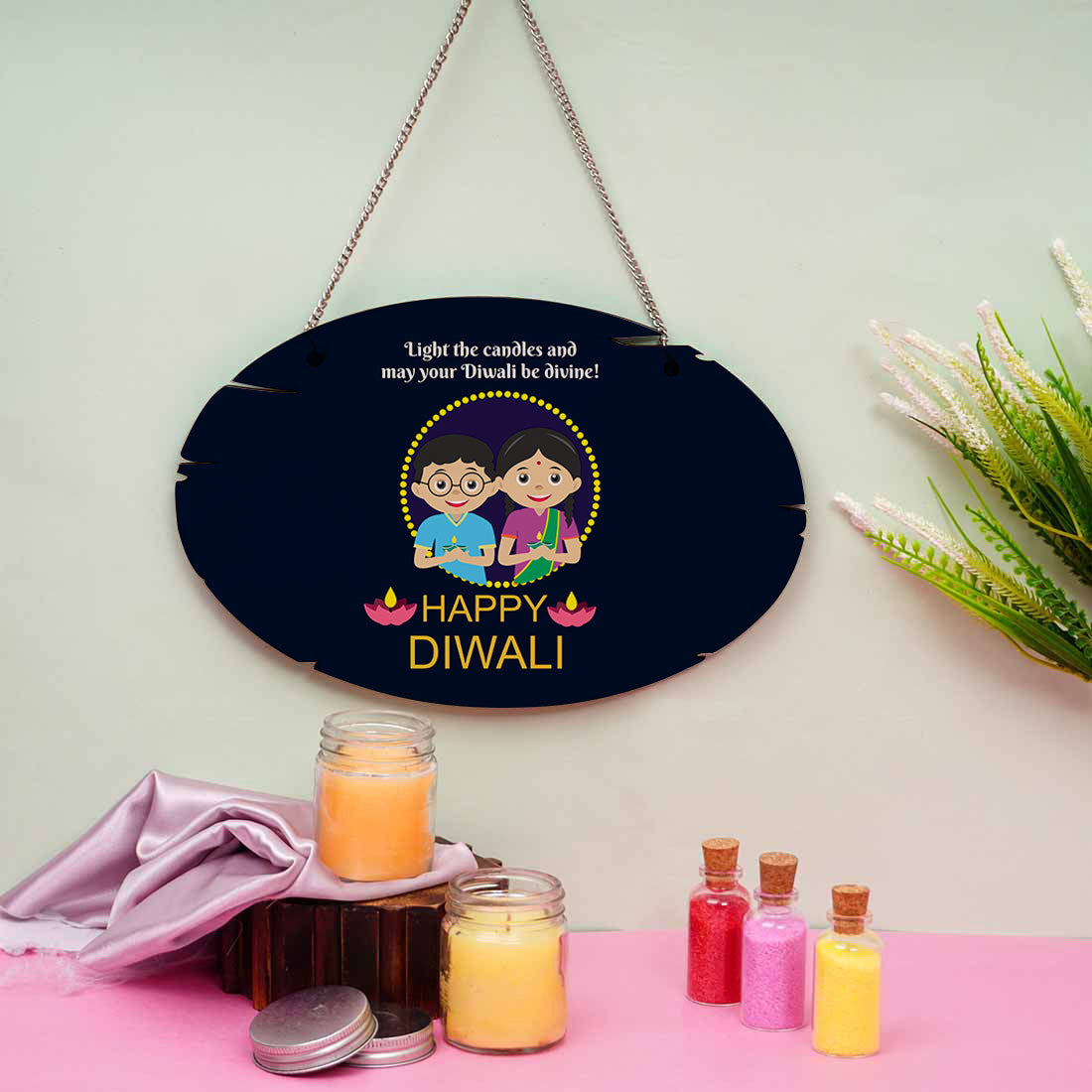 Wall Hanging, Candle & Rangoli Diwali Gift Combo